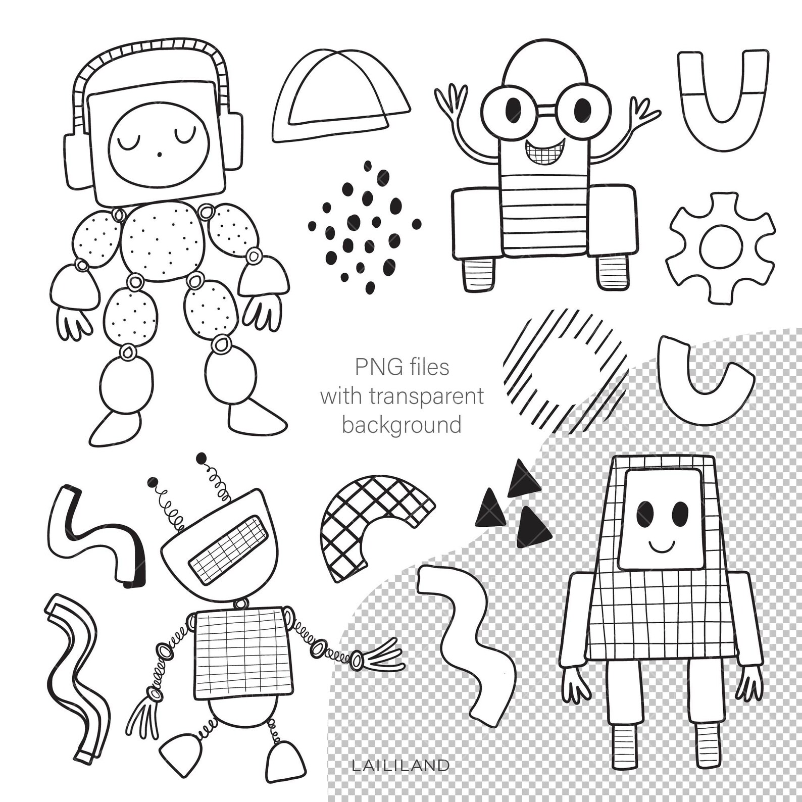 Robot Black and White Clipart, Cute Hand Drawn Robots Doodle Clip Art ...