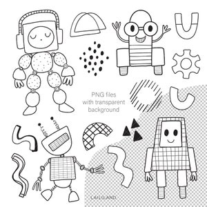 Robot Black and White Clipart, Cute Hand Drawn Robots Doodle Clip Art ...