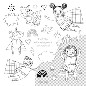 Superhero Black and White Clipart, Superhero Doodle Clipart, Girl and ...