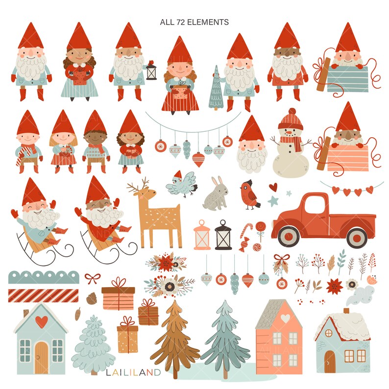 Christmas Gnome Clipart: Tree, Truck, Gift PNG and EPS Files (digital ...