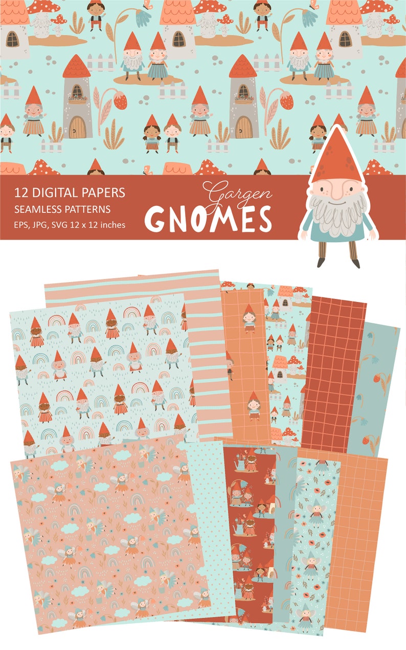 Garden Gnome Digital Paper Seamless Pattern Kids Digital | Etsy