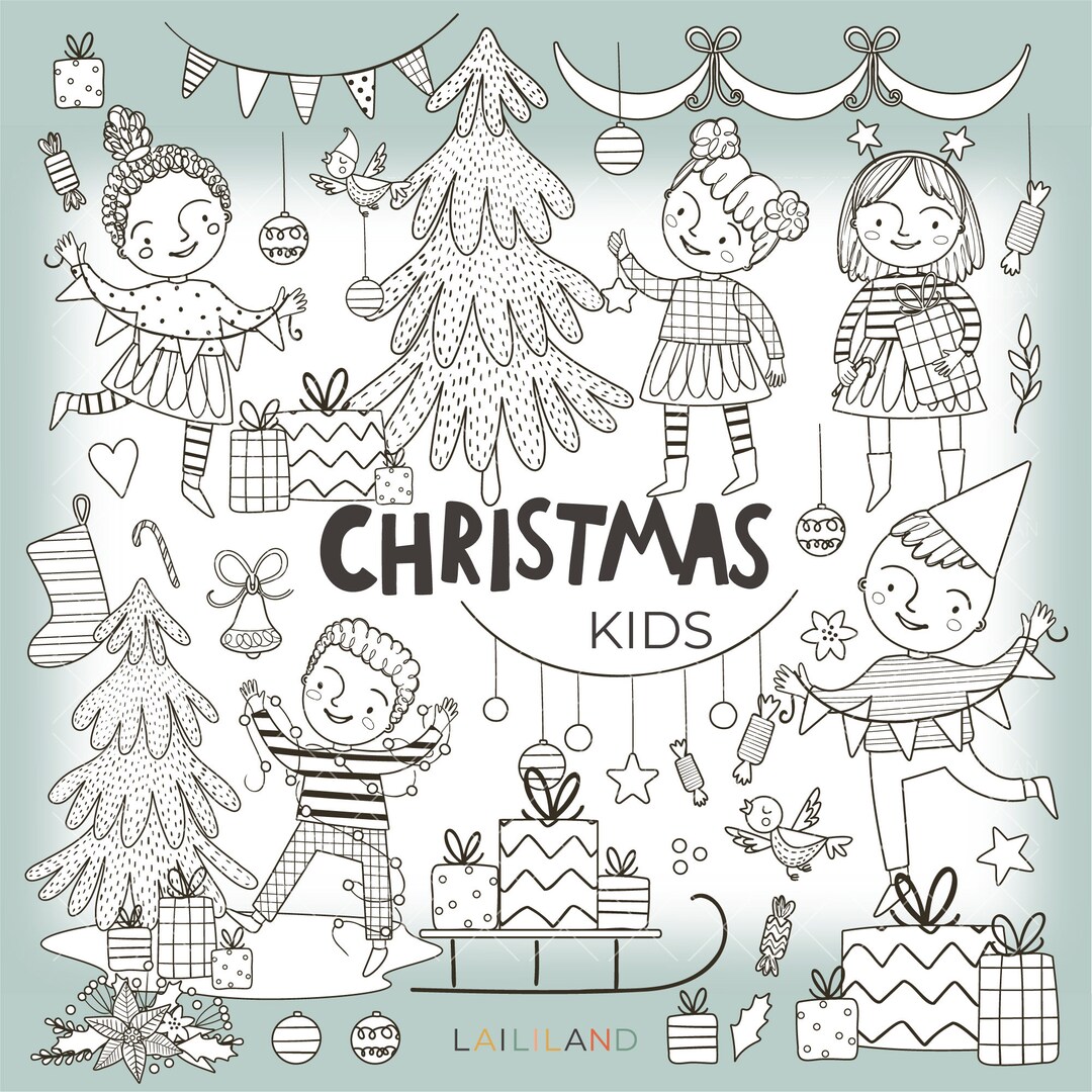 Christmas Kids Black and White Clipart: Doodle Line Art (digital ...