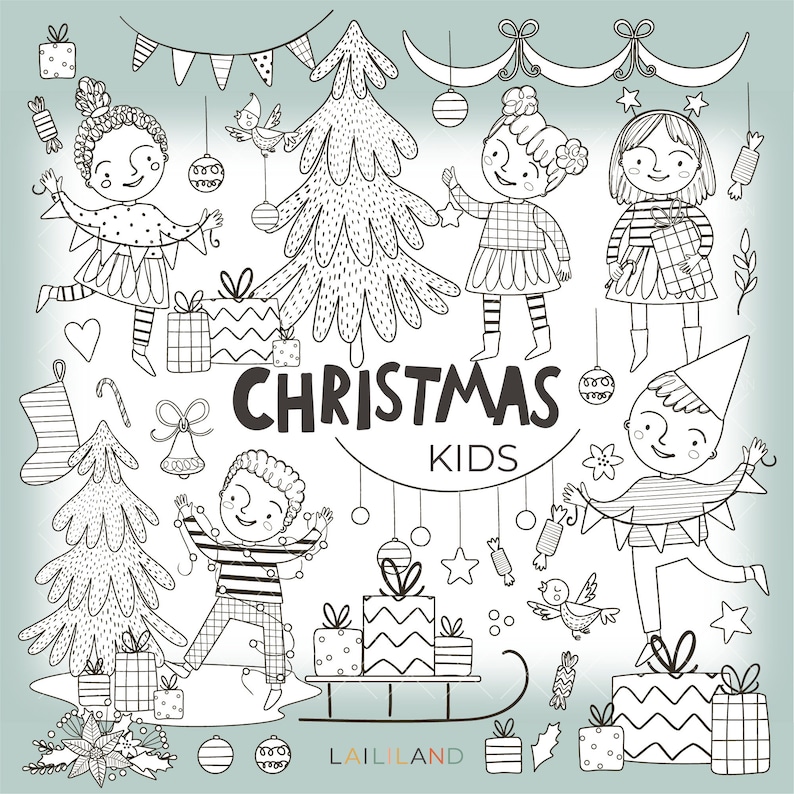 Christmas Kids Black and White Clipart: Doodle Line Art (digital ...