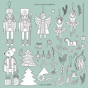 Nutcracker Black and White Clipart: Christmas Doodle Line Art (digital ...