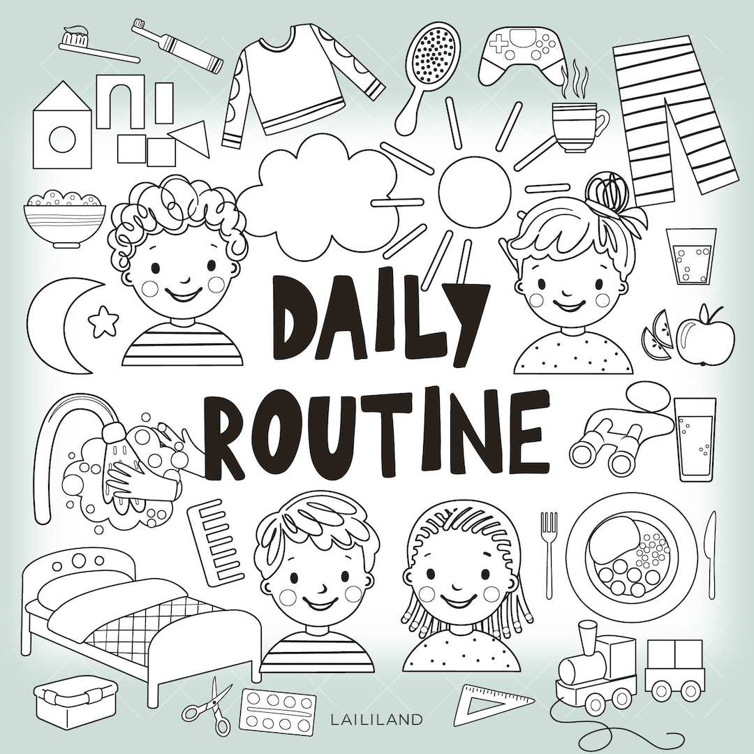 Kids Daily Routine Black and White Clipart, Morning Afternoon Evening ...