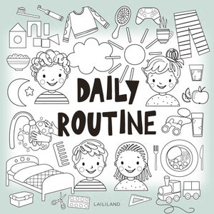 Kids Daily Routine Black and White Clipart, Morning Afternoon Evening ...