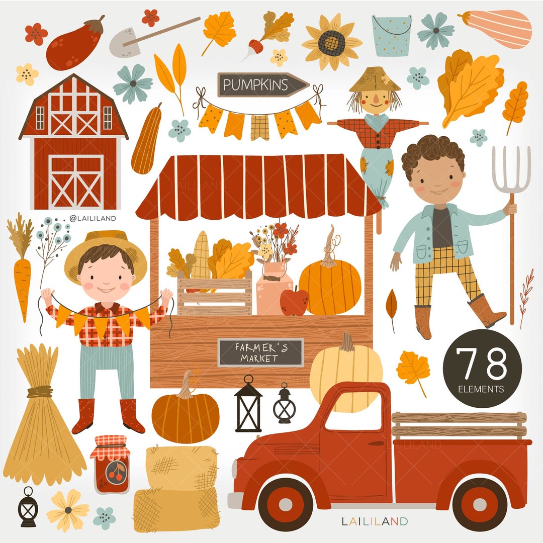 Fall Farm Clipart, Pumpkin Clipart, Fall Truck Clipart, Farmhouse ...