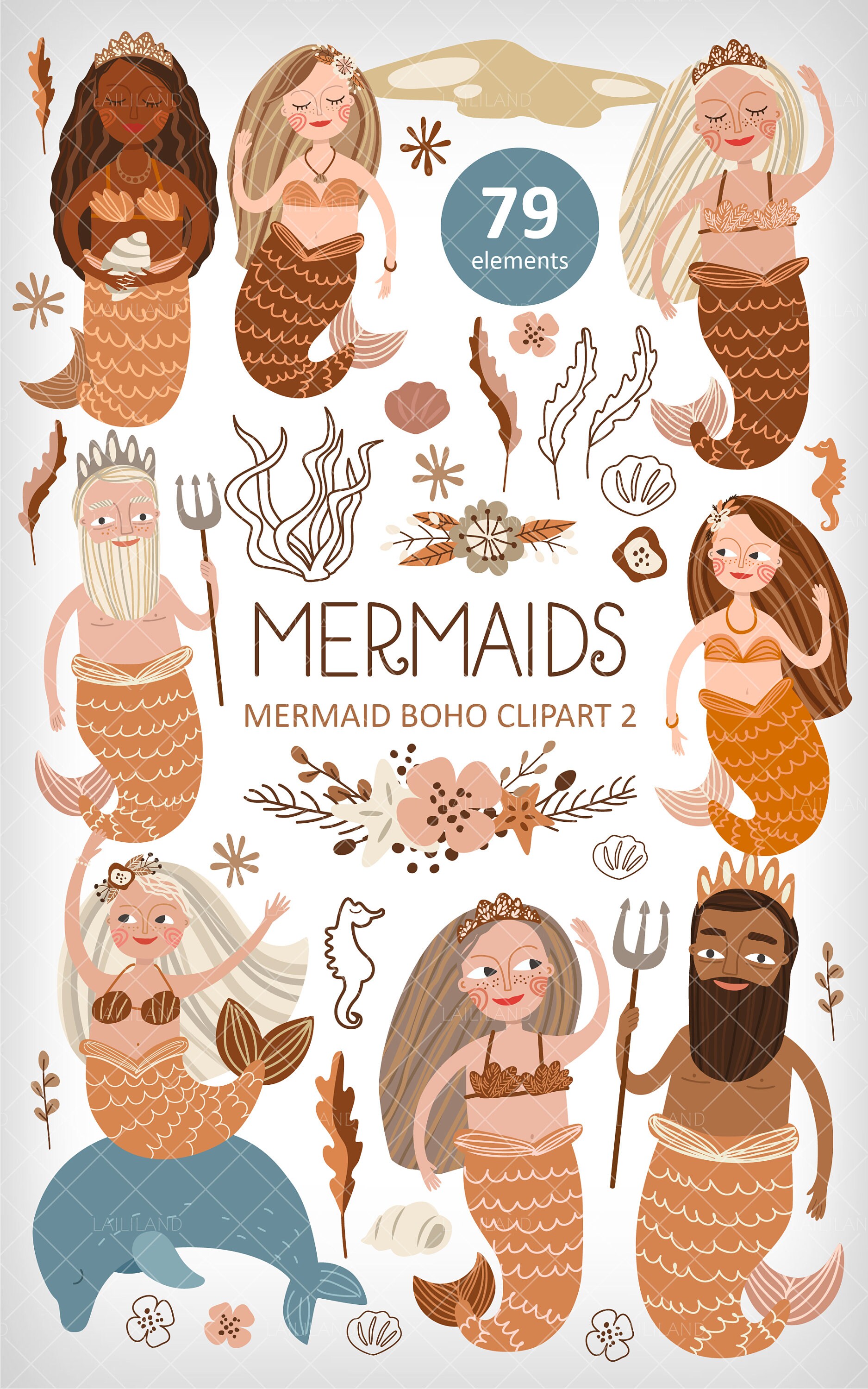 Mermaid Clipart: Boho Vector Illustration Set (digital Download) - Etsy UK