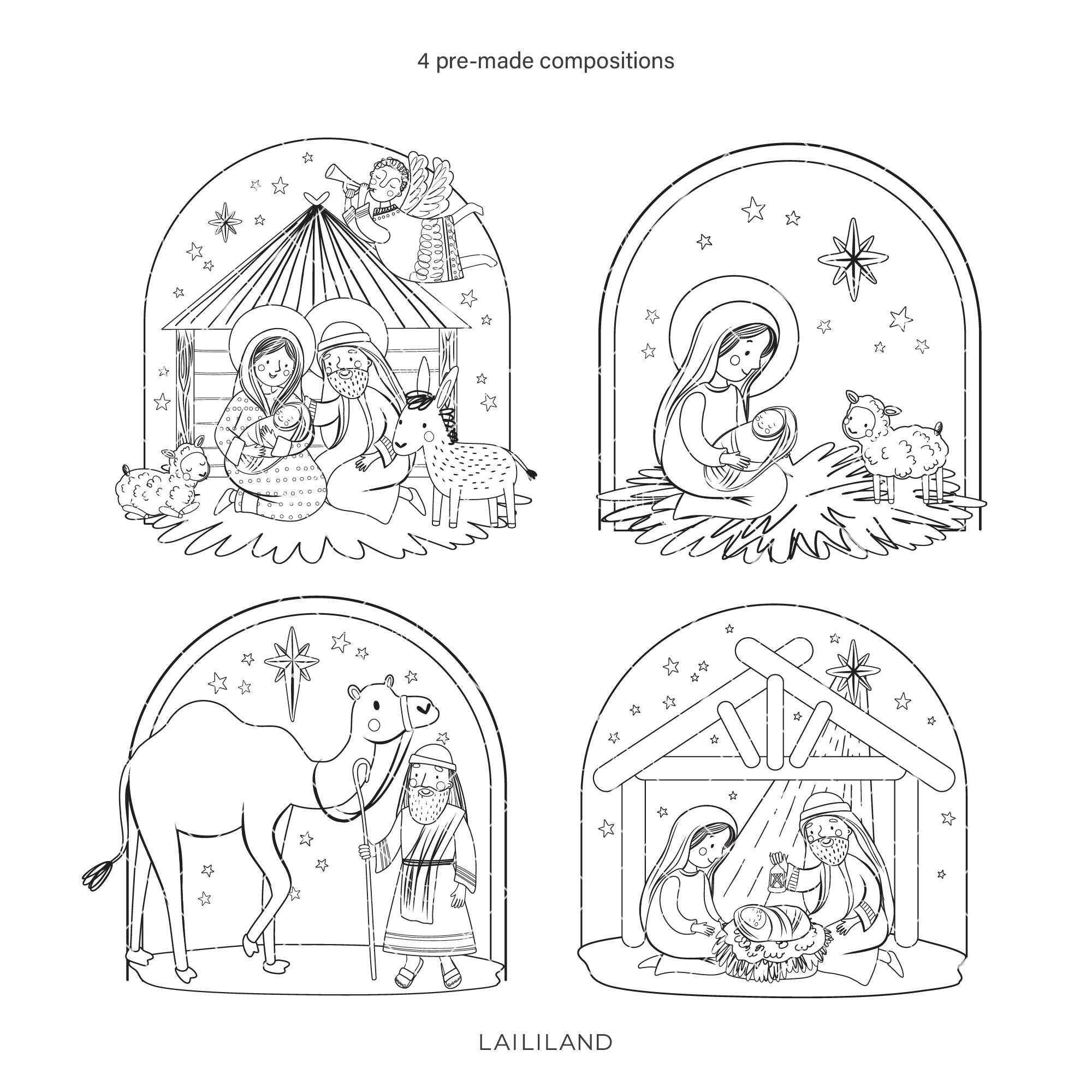 Nativity Scene Clipart: Black and White Hand-drawn Holy Family Doodles ...