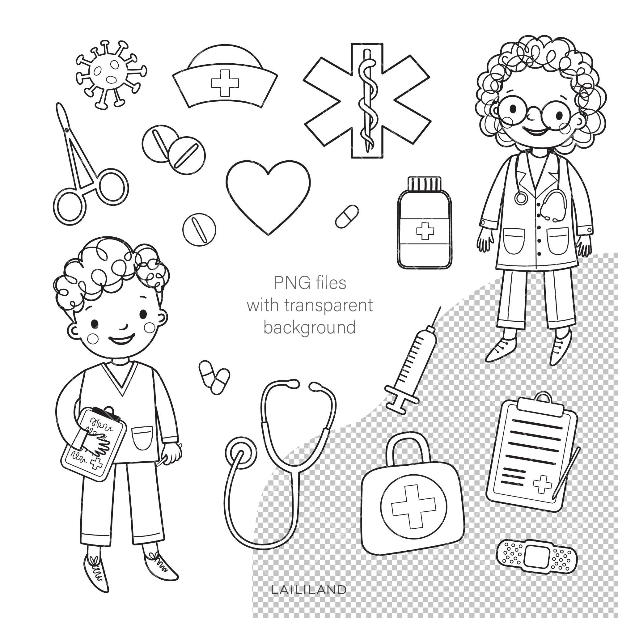 Doctor Black and White Clipart: Children Medical Doodle Line Art ...