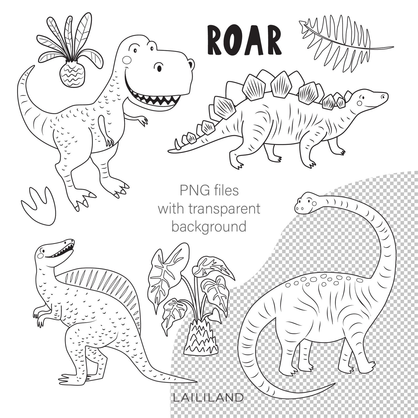 Dinosaur Black and White Clipart Dinosaurs Doodle Clip Art - Etsy