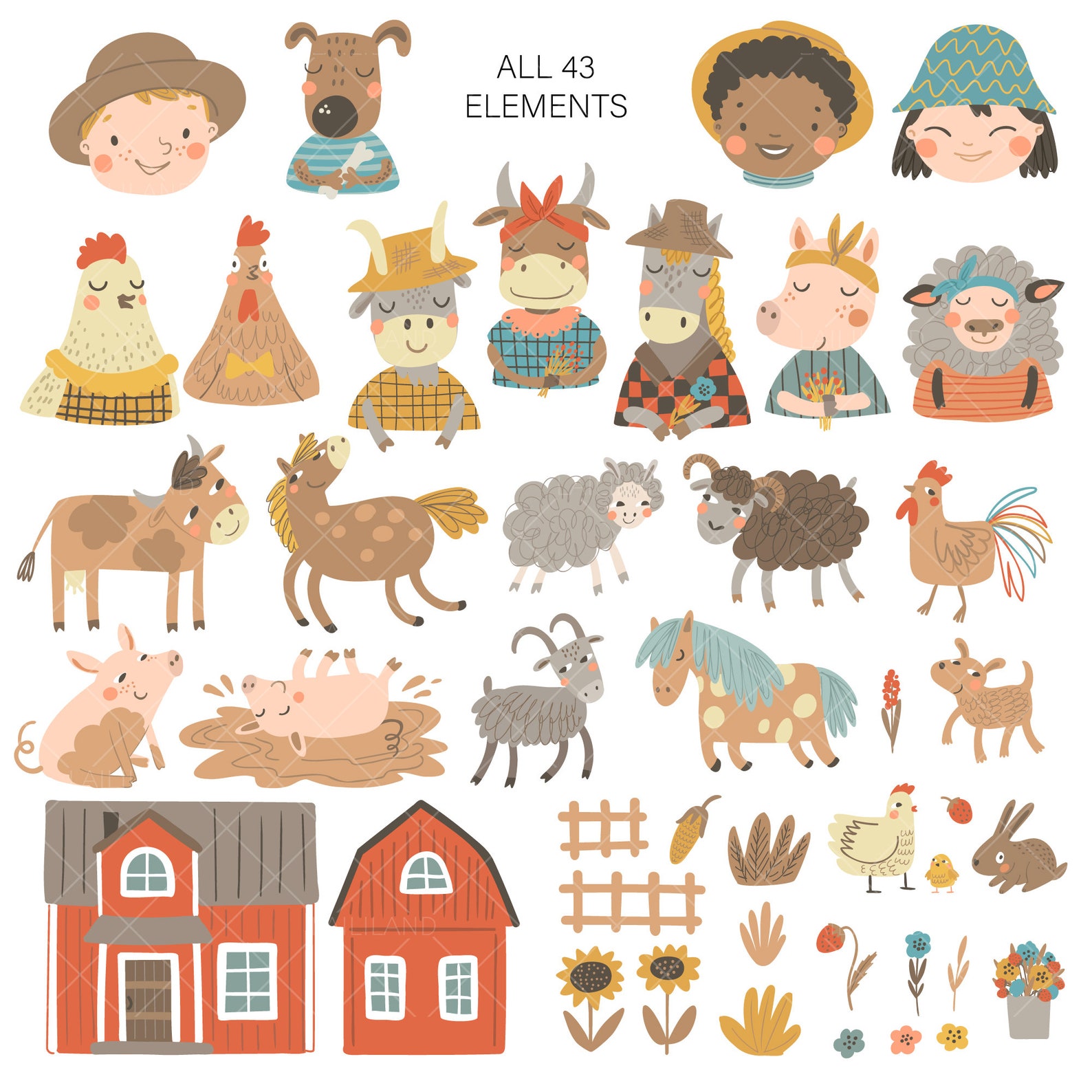 Farm Animal Clipart Kids and Cute Farm Animals Clipart Farm - Etsy