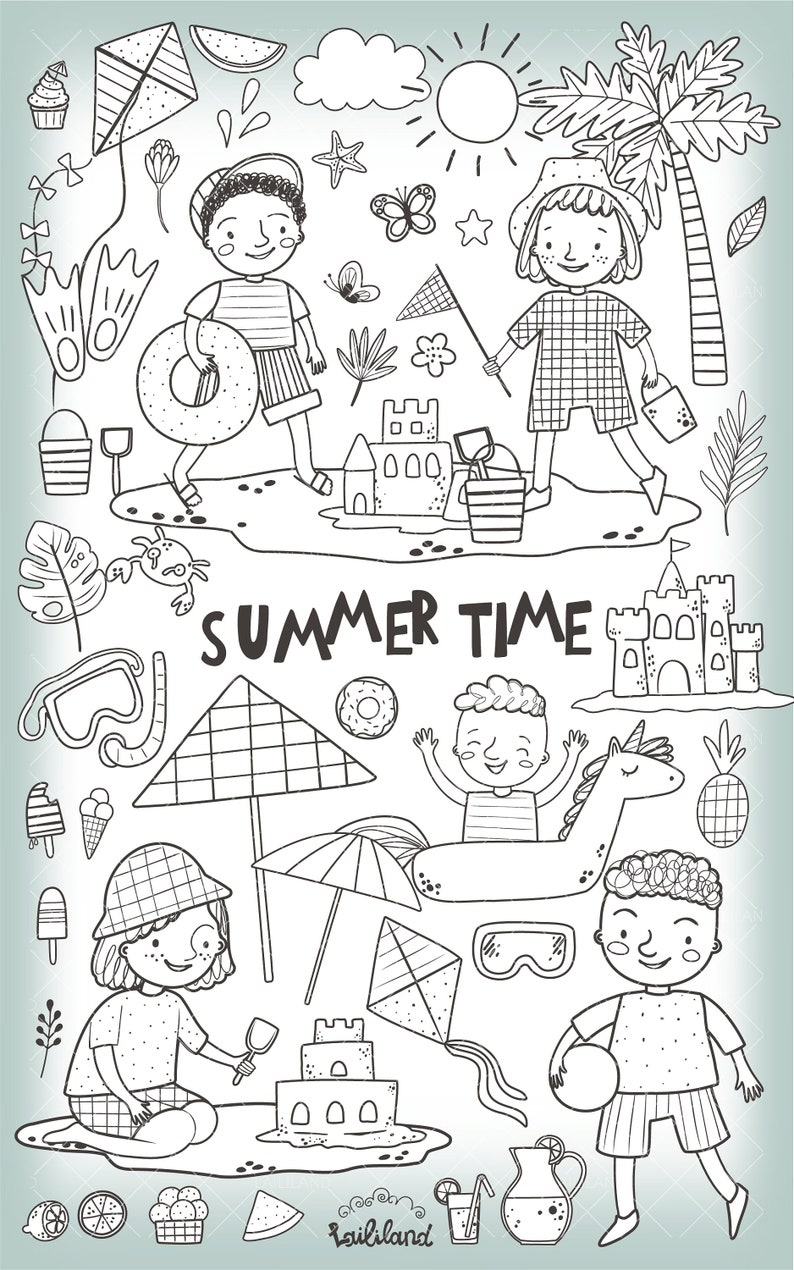 Summer Clipart Summer Time Black and White Png Files Kids - Etsy