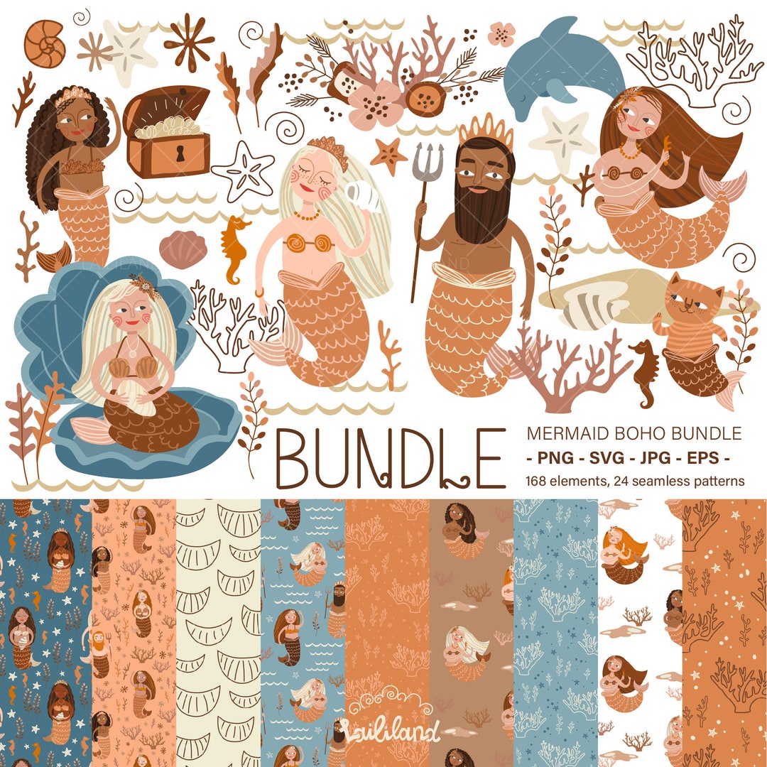 Mermaid Boho Bundle, Mermaid Png Cute Clipart, Digital Paper, Seamless ...