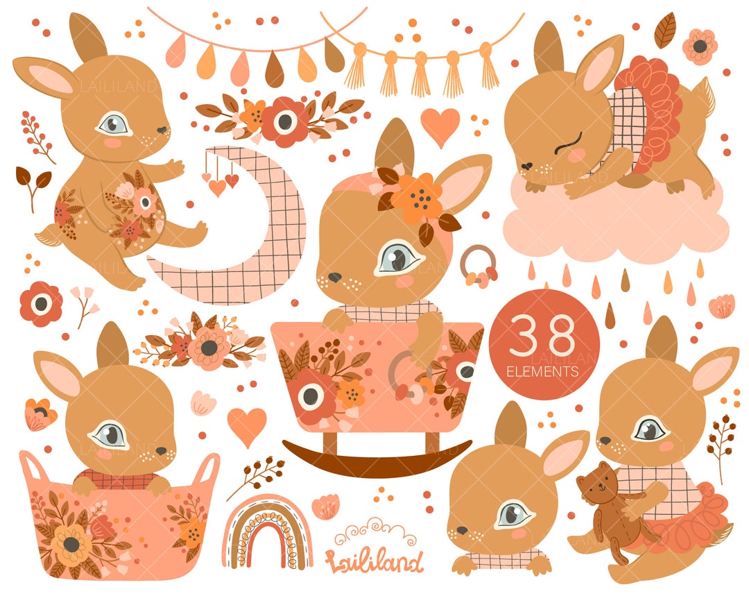 Baby Bunny Girl Clipart, Newborn Clipart, Baby Shower Clipart, Baby ...