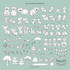 Woodland Animals Black and White Clipart, Forest Animals Doodle Clip ...