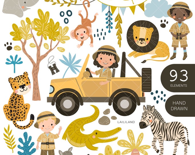 Safari Clipart Set. Digital Clipart Bundle of Safari Animals and Kids ...