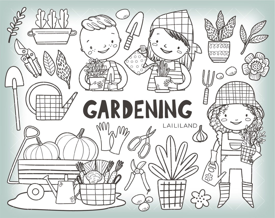 Gardening Black White Clipart Gardening Supplies Doodle Clip - Etsy