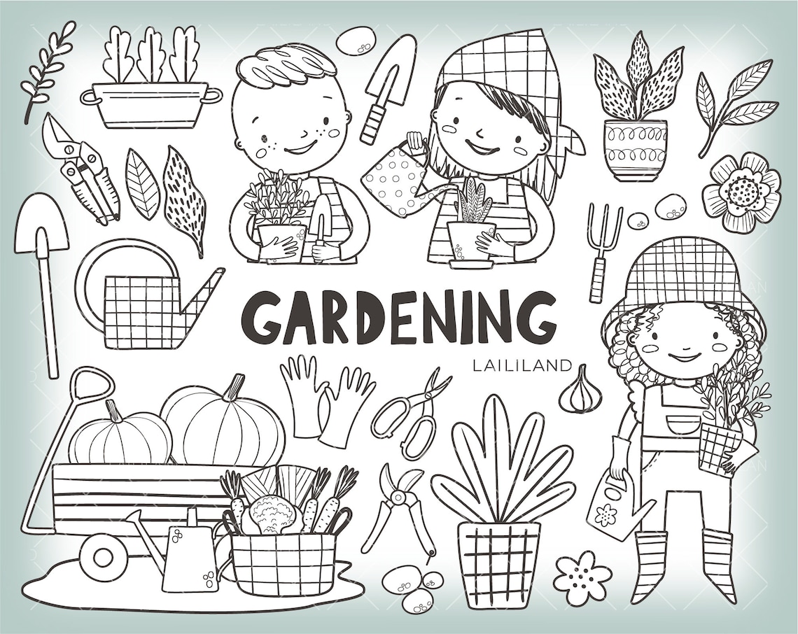 Gardening Black White Clipart Gardening Supplies Doodle Clip - Etsy