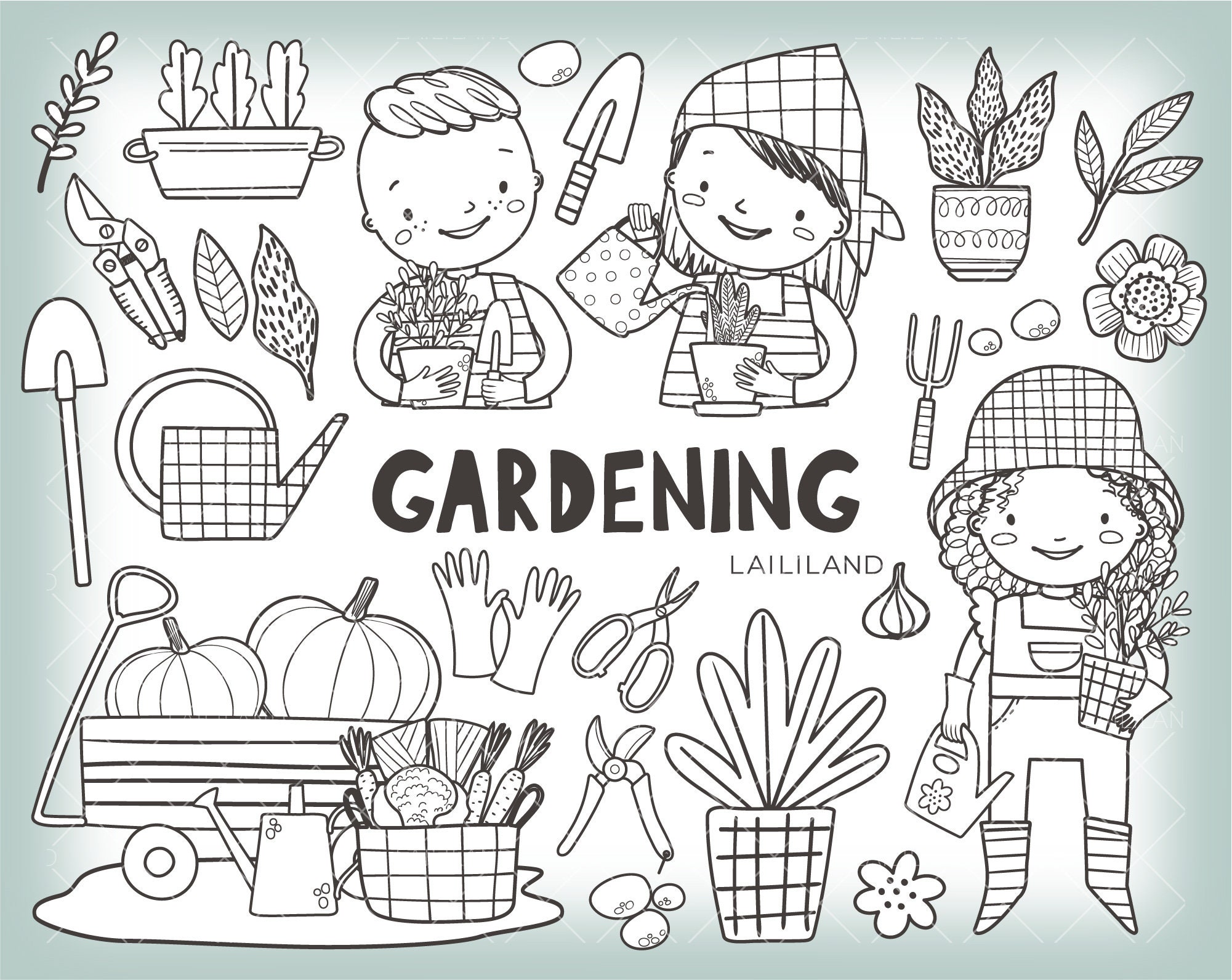 Gardening Black White Clipart Gardening Supplies Doodle Clip - Etsy