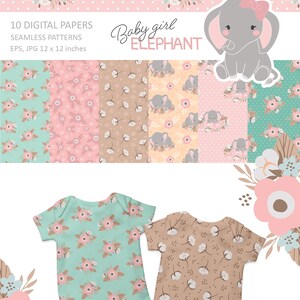 Digital Paper Baby Girl, Baby Elephant Girl Seamless Patterns, Baby ...
