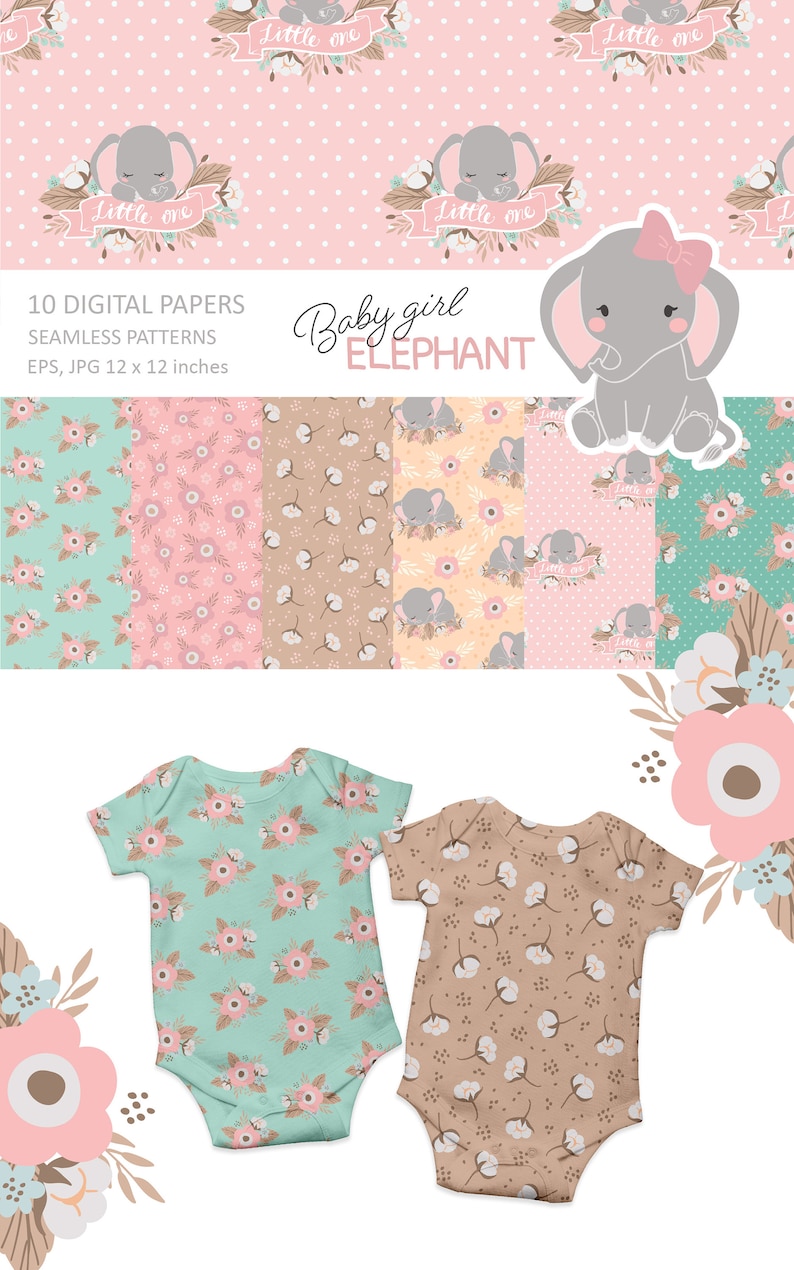 Digital Paper Baby Girl Baby Elephant Girl Seamless Patterns | Etsy