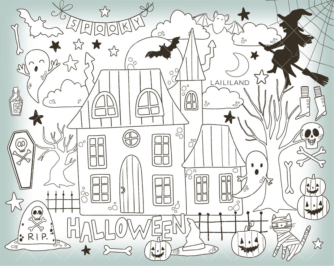 Halloween Doodle Clipart, Halloween House Black and White Clip Art ...