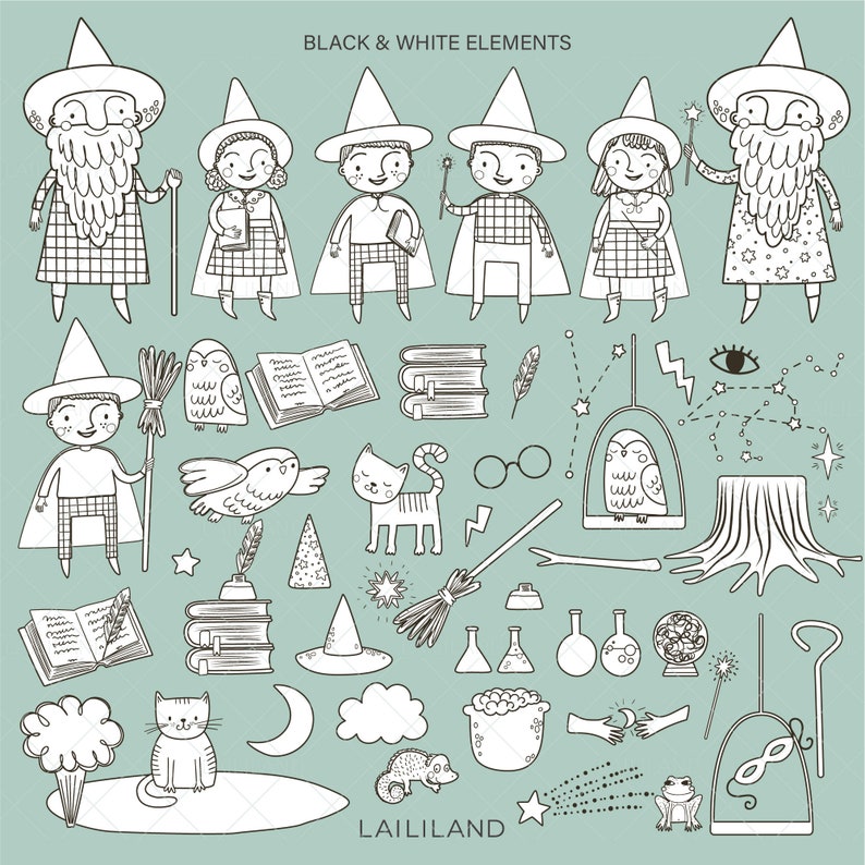 Wizard Black and White Clipart Magic Doodle Clip Art Wizard - Etsy
