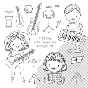 Music Black and White Clipart, Musical Instruments Doodle Clipart, Kids ...