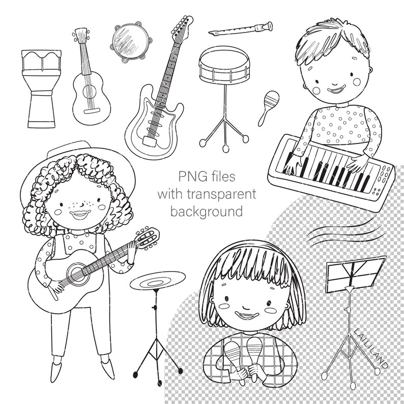 Music Black and White Clipart Musical Instruments Doodle - Etsy