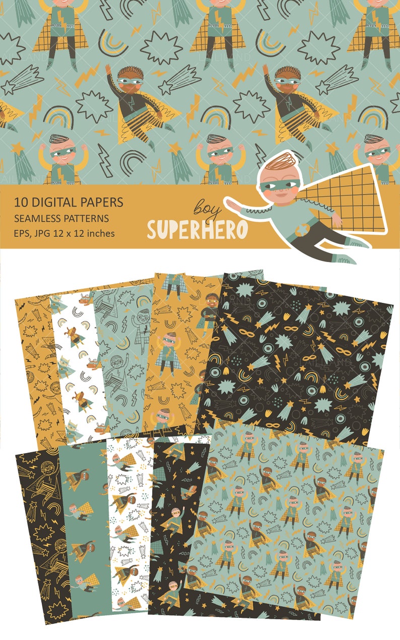 Superhero Digital Paper Superhero Boy Seamless Pattern Kids | Etsy