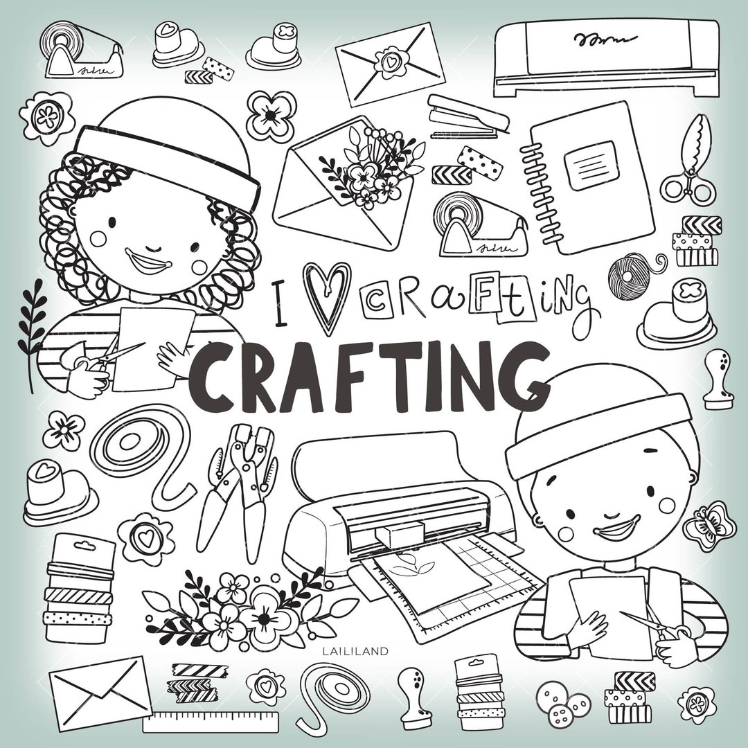 Crafting Black and White Clipart, Crafting Supplies Doodle Clip Art ...