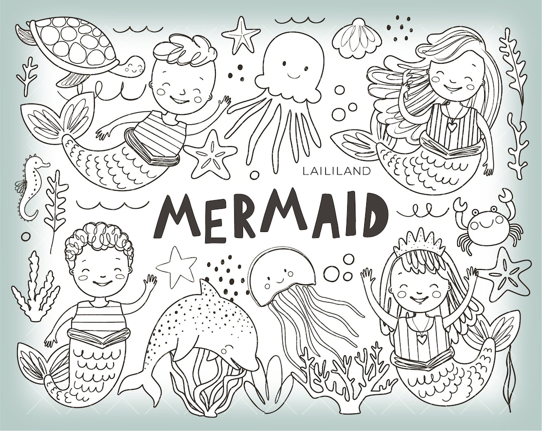 Mermaid Black and White Clipart: Sea Life Doodle PNG and EPS Files ...
