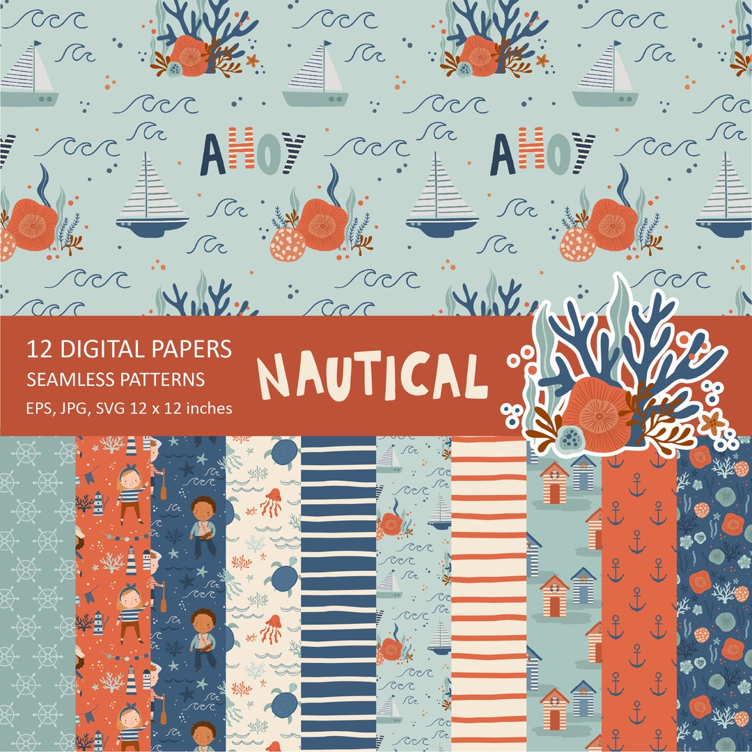 Nautical Digital Paper, Sea Seamless Pattern, Digital Background ...