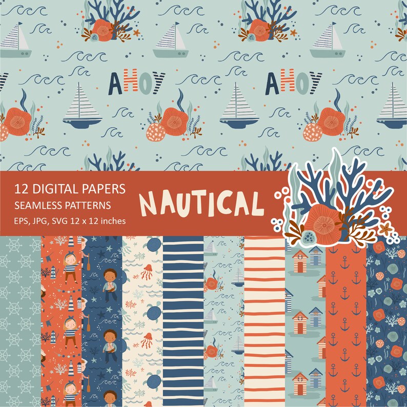 Nautical Digital Paper: Sea Seamless Patterns, JPG, EPS, SVG (instant ...