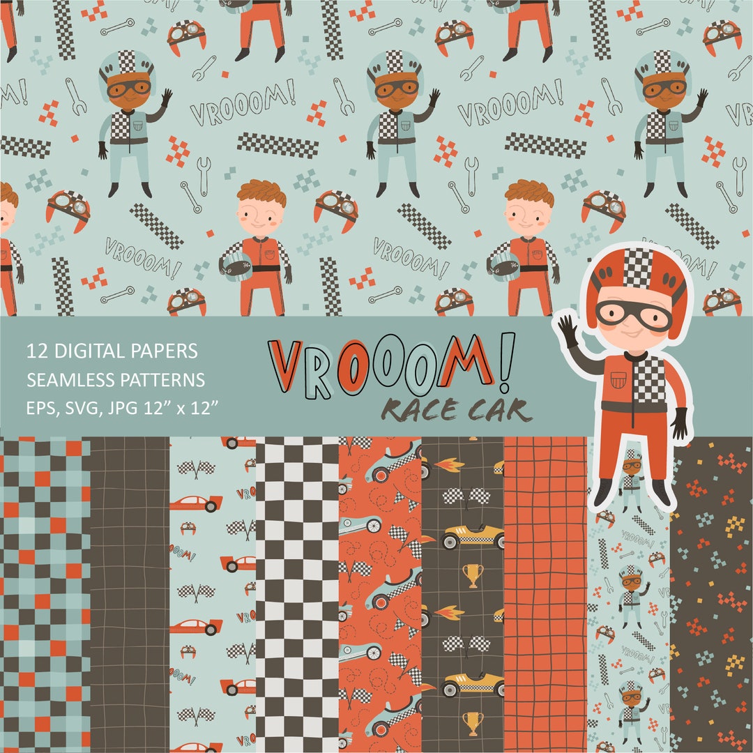 Race Car Digital Paper: Kids Seamless Pattern (JPG, EPS, SVG) - Etsy