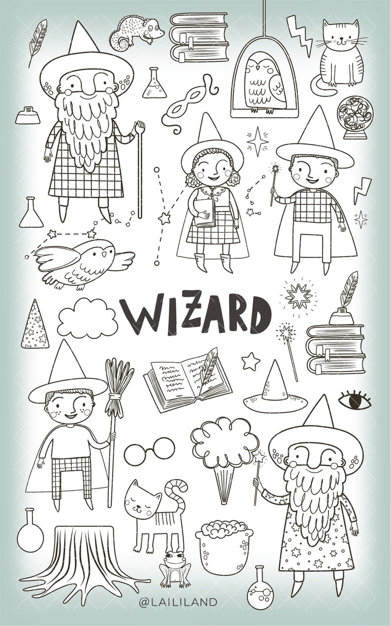 Wizard Black and White Clipart Magic Doodle Clip Art Wizard - Etsy