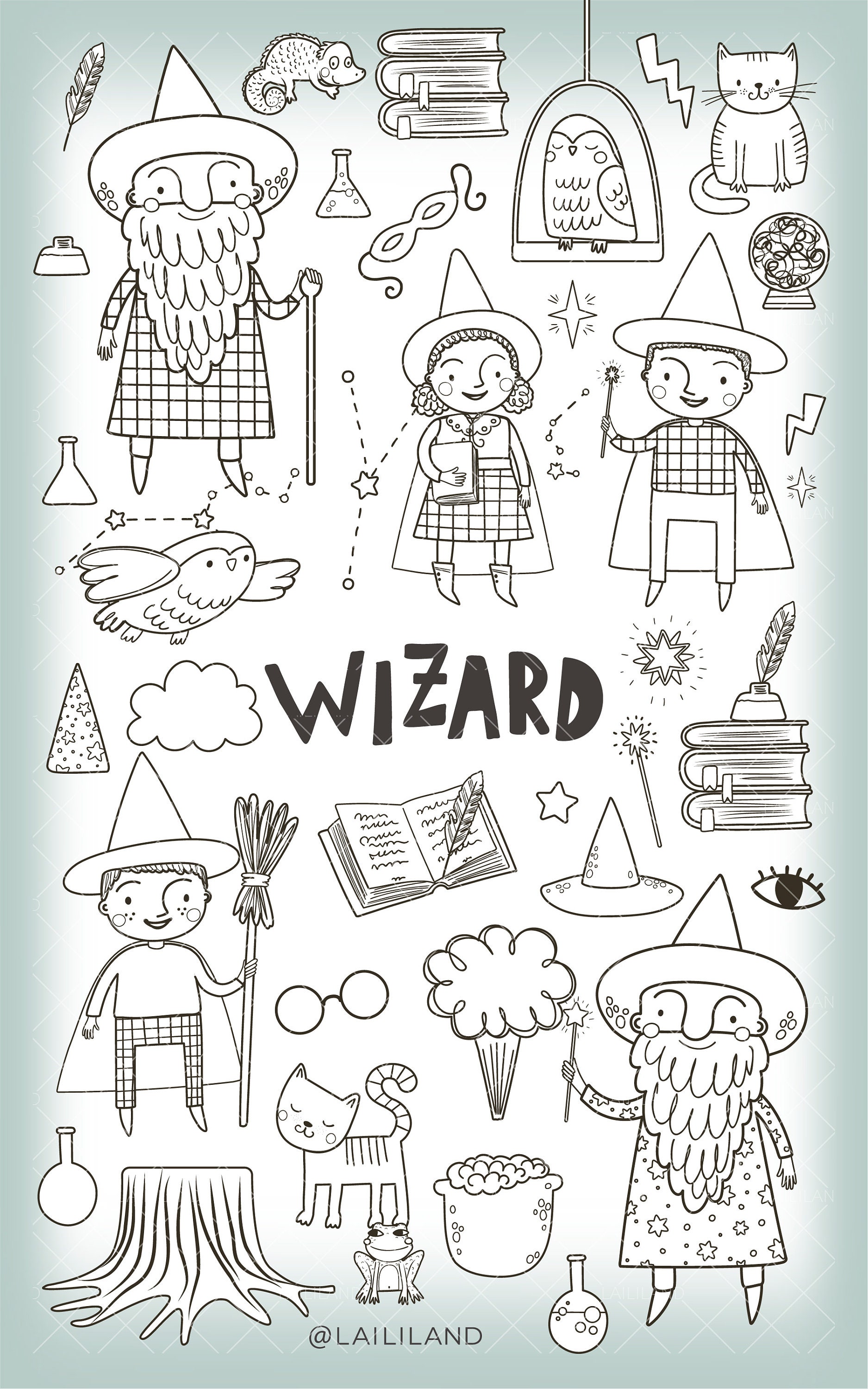 Wizard Black and White Clipart: Magic Doodle Art (digital Download ...