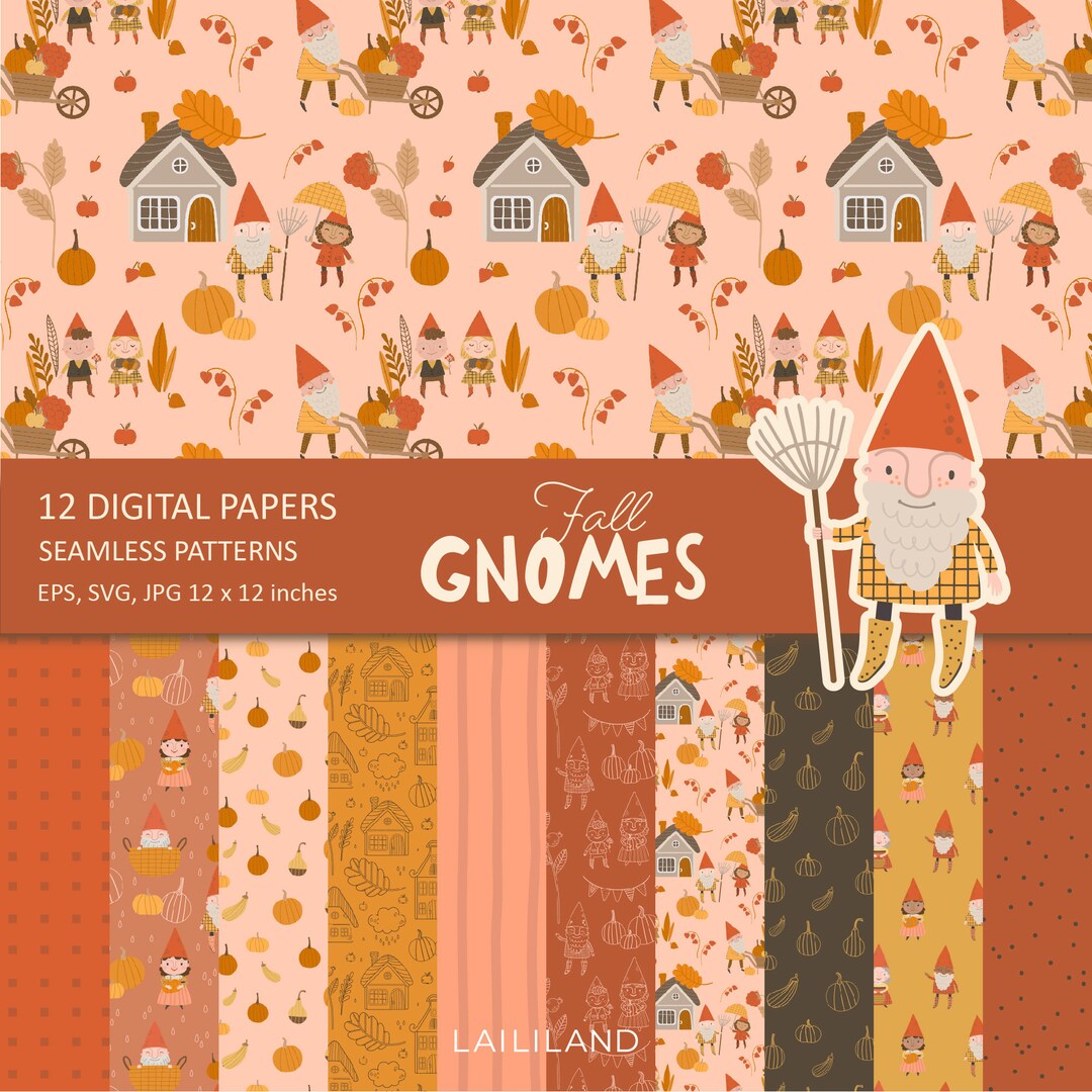 Fall Digital Paper, Gnome Seamless Pattern, Autumn Gnomes Digital ...