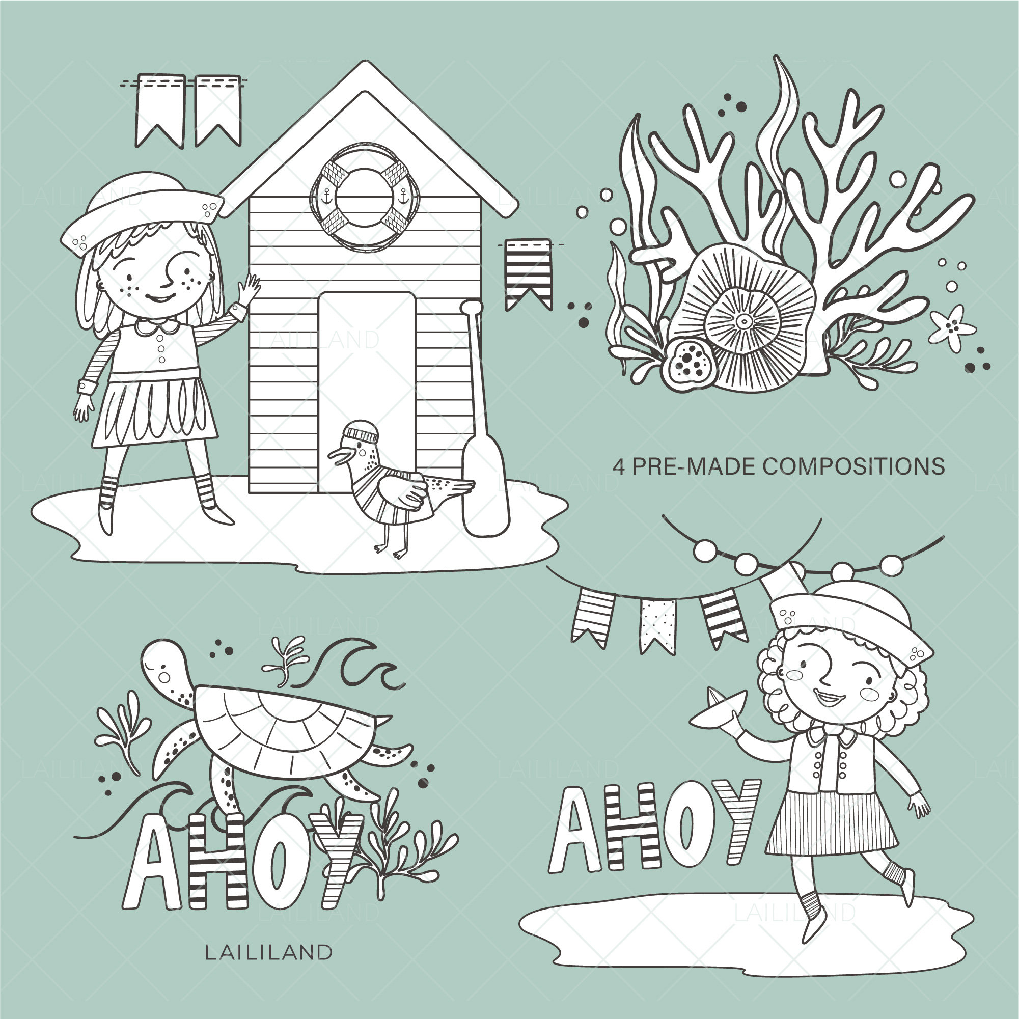 Nautical Black and White Clipart Summer Doodle Clip Art Sea | Etsy