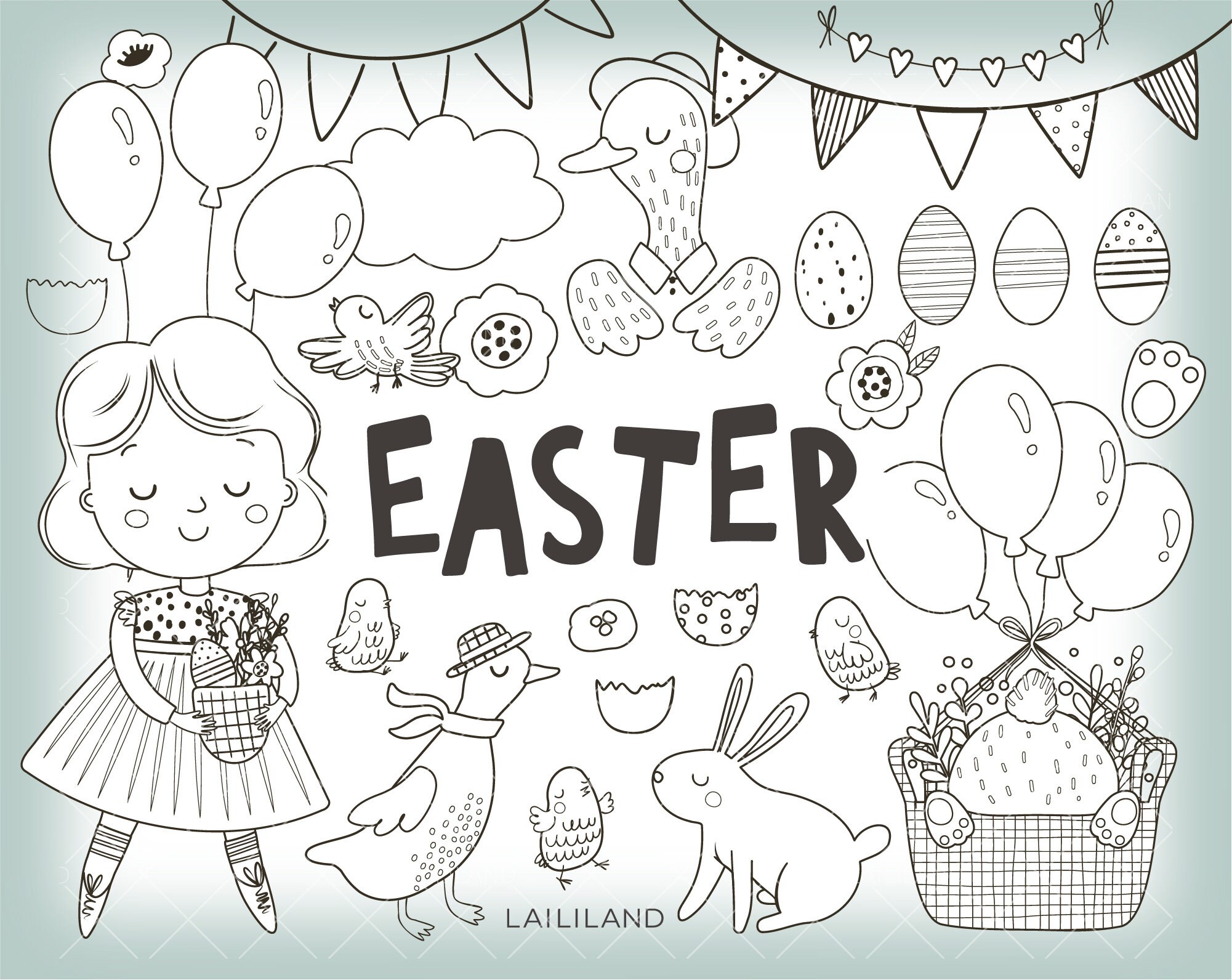 Easter Black and White Clipart Easter Kids Doodle Clip Art - Etsy