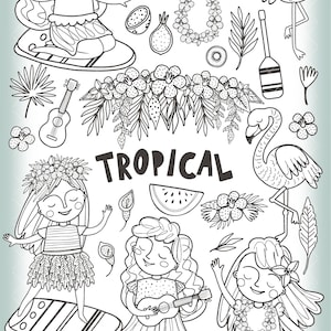 Tropical Black and White Line Art Clipart, Tropical Clipart, Summer ...