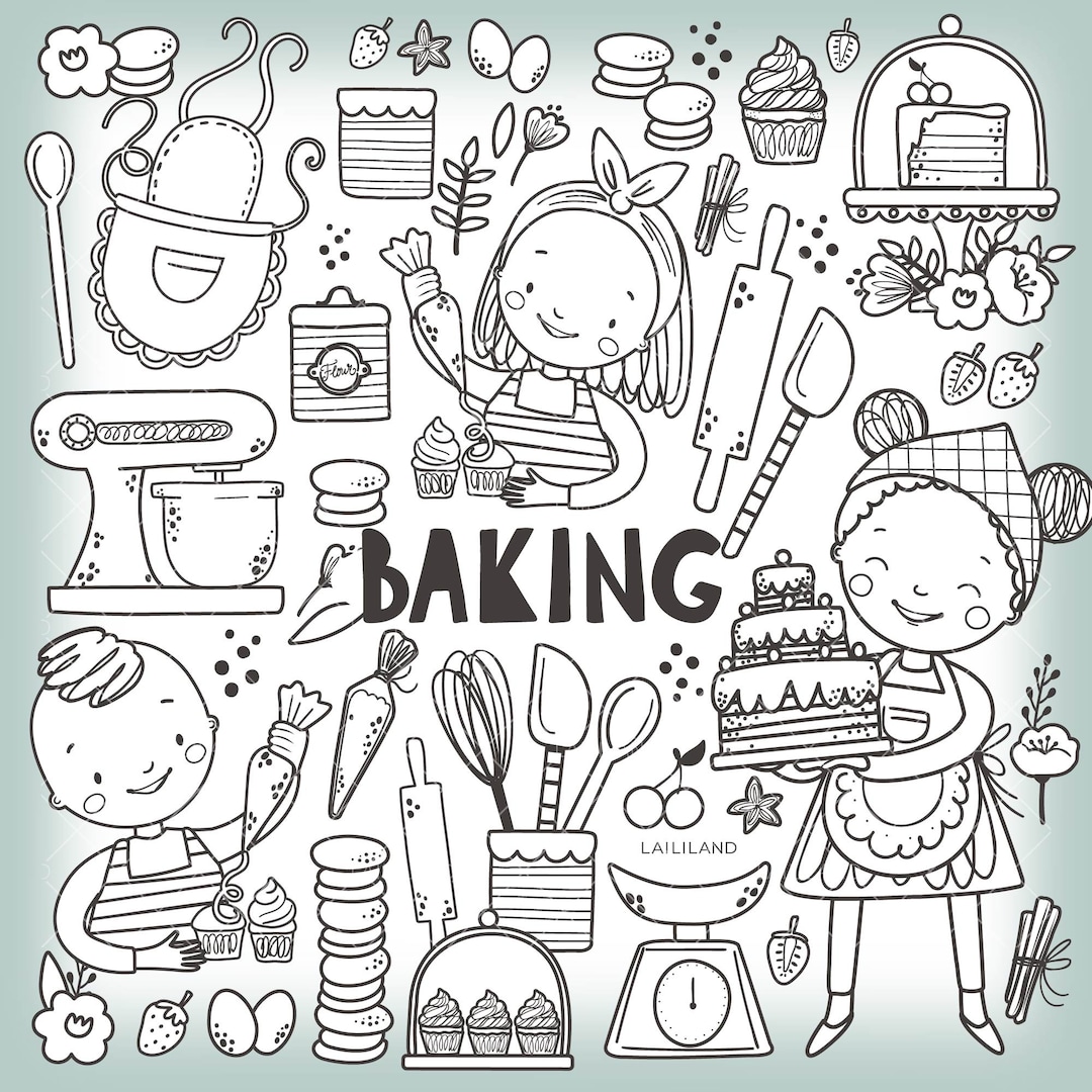 Baking Doodle Clipart, Baking Supplies Clipart, Baking Clipart, Black ...
