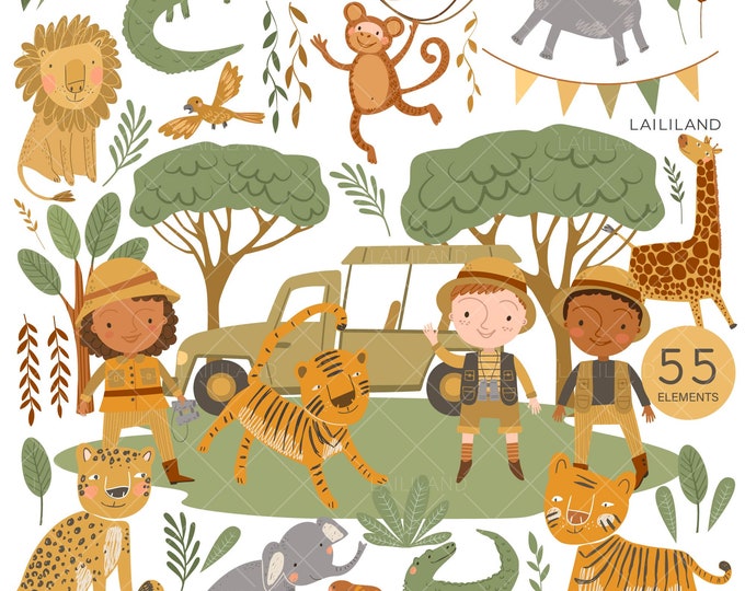Safari Clipart Set. Digital Clipart Bundle of Safari Animals and Kids ...