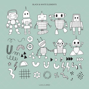 Robot Black and White Clipart, Cute Hand Drawn Robots Doodle Clip Art ...