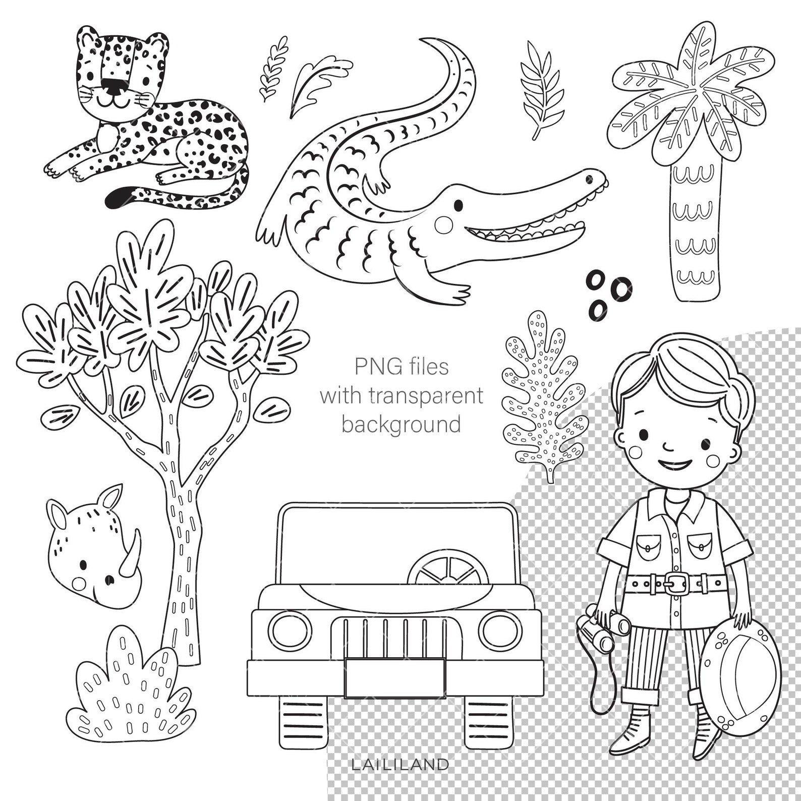 Safari Animals Black and White Clipart, Safari Car Doodle Clipart ...
