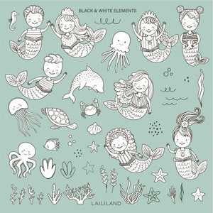 Mermaid Black and White Clipart, Sea Doodle Clip Art, Mermaid Digital ...