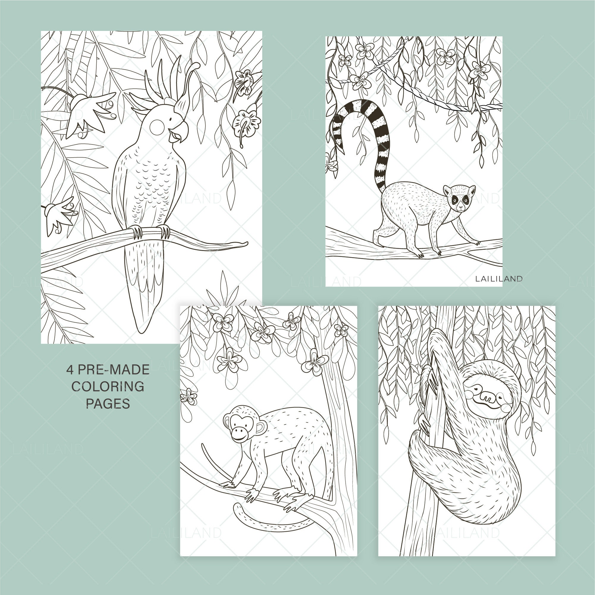 Jungle Animal Black and White Clipart: Safari Line Art (PNG, EPS, SVG ...