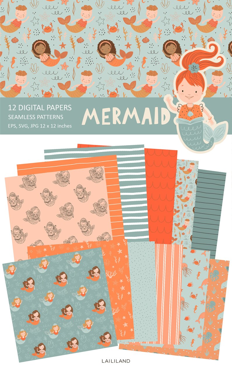 Mermaid Digital Paper Sea Seamless Pattern Ocean Digital - Etsy