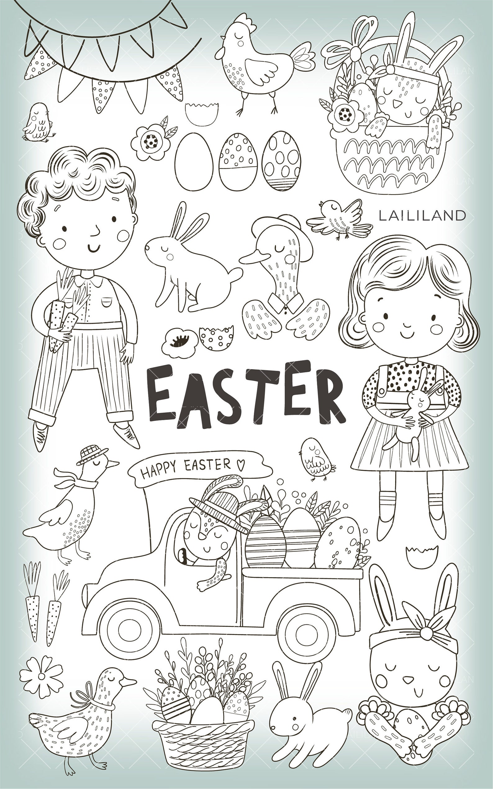 Easter Black and White Clipart Easter Kids Doodle Clip Art - Etsy